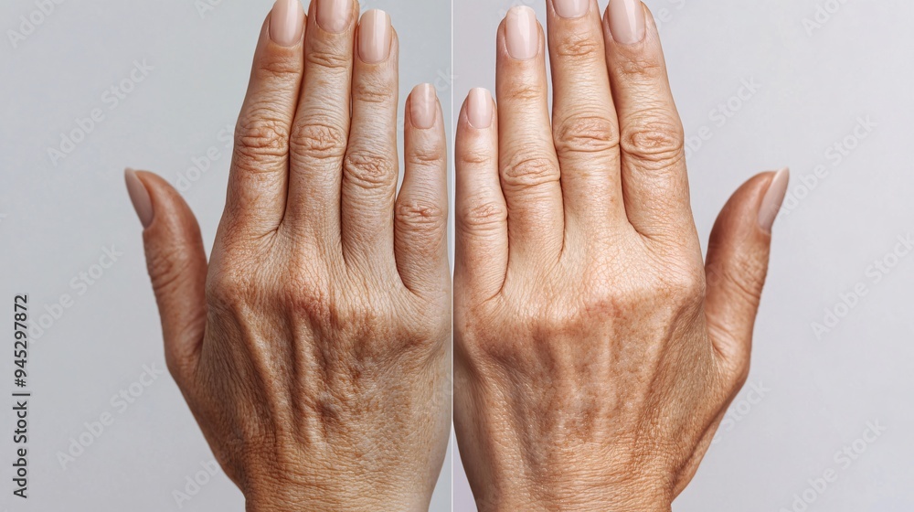 A close-up of a woman's hands, showing the before and after effects of ...