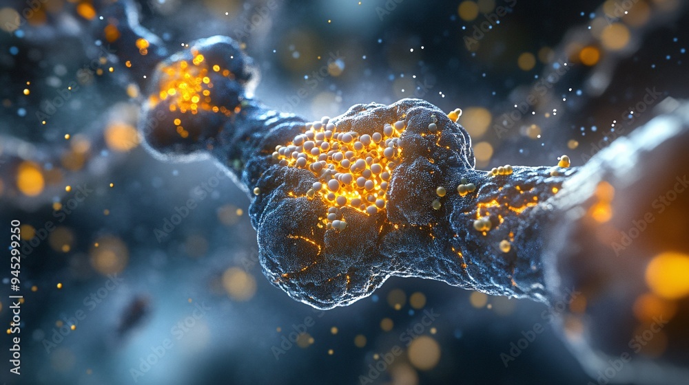 A detailed rendering of a nerve cell synapse, showing the transmission ...