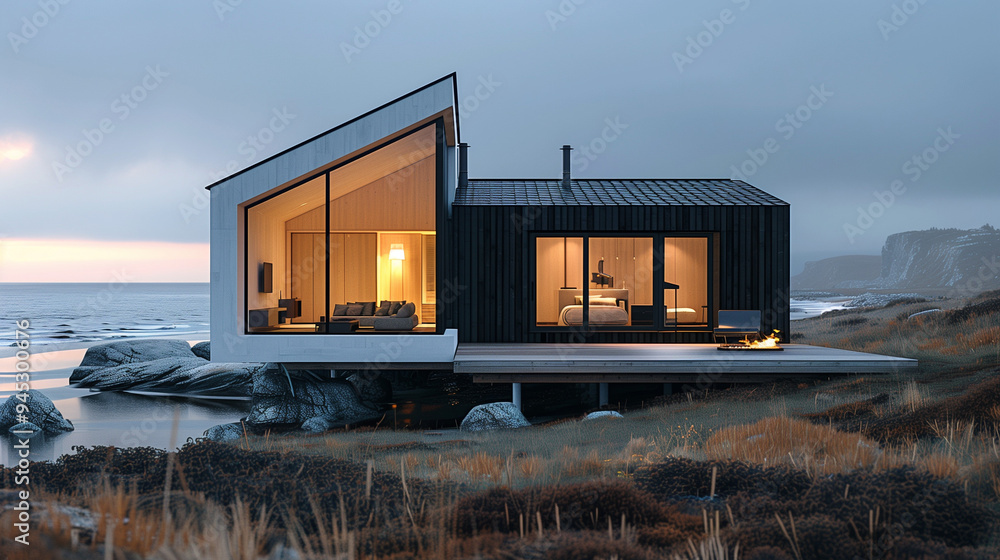 a modern, minimalist beach house surrounded by sand dunes and tall ...