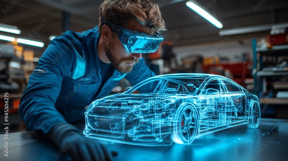 Mechanic using a 3D hologram to analyze car engine performance in a ...