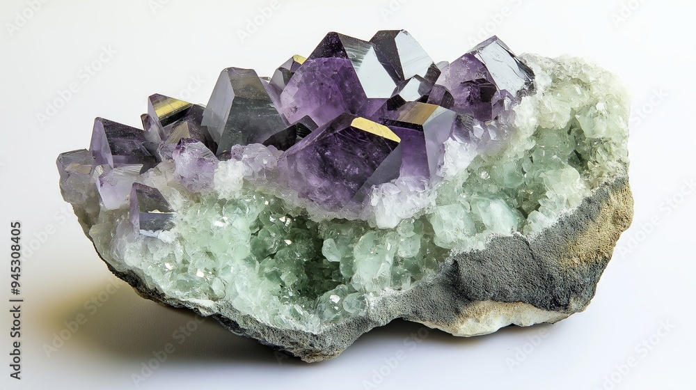 Amethyst and green crystal cluster with sharp edges, showcasing a ...