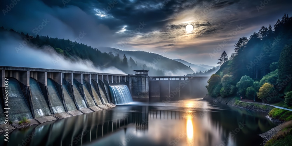 Moody early morning reservoir scene, dark misty atmosphere, subtle ...