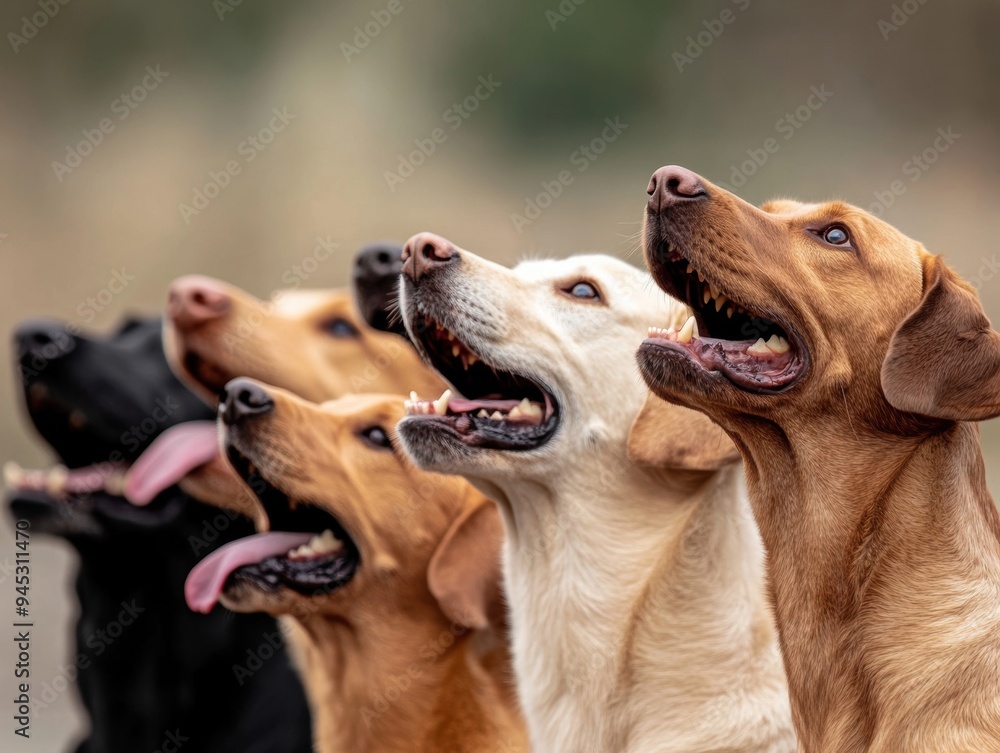Dogs barking together at the entrance of a socialization park, with ...