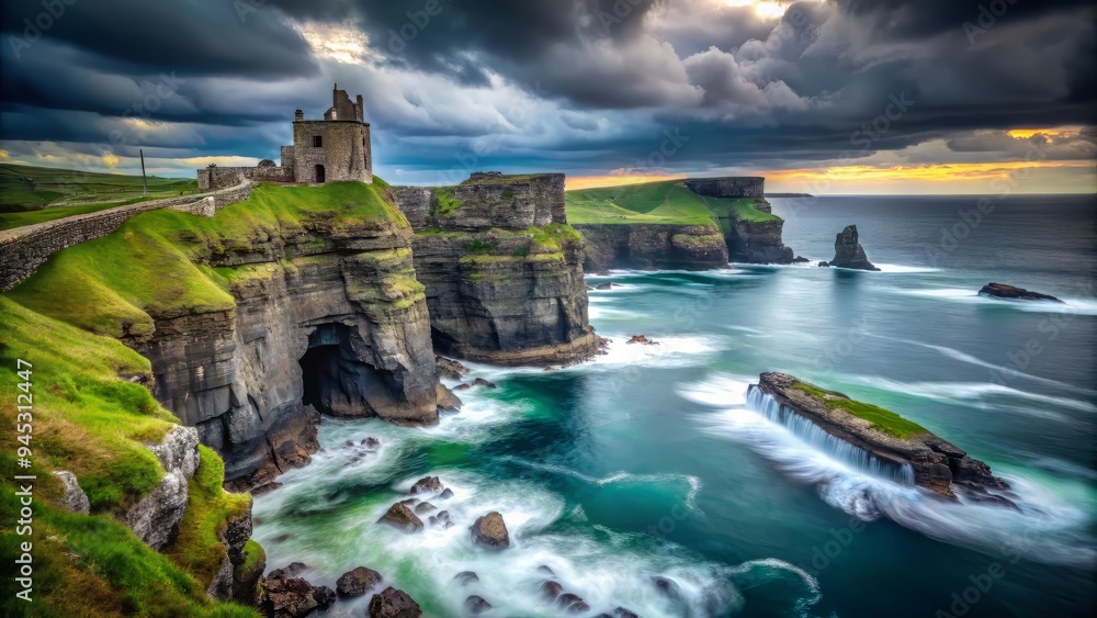 Gloomy atmospheric Irish coastal scenery featuring windswept cliffs ...