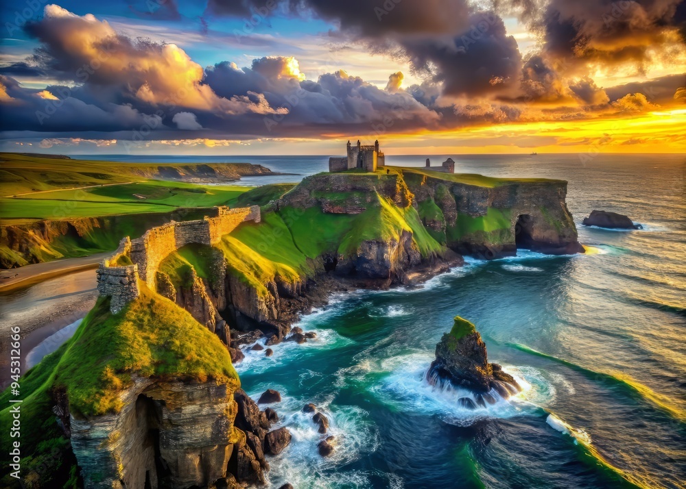 Breathtaking Irish coastal vista featuring rugged cliffs, hidden inlets ...