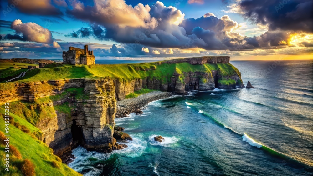 Dramatic Irish coastal panorama featuring towering cliffs, rocky shores ...