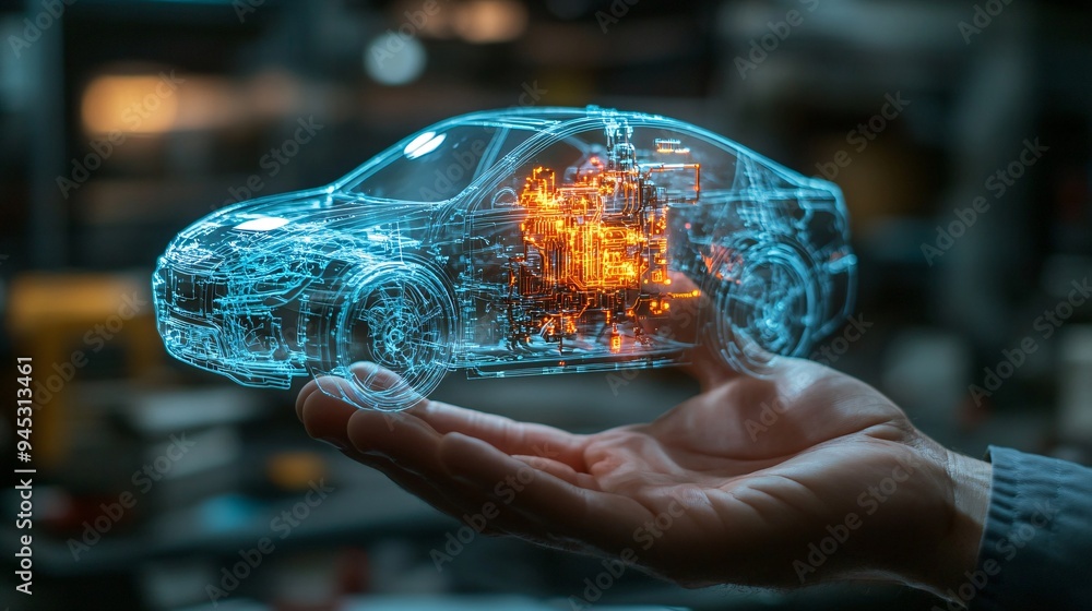 Mechanic analyzing a 3D hologram of a car's electrical system in a ...
