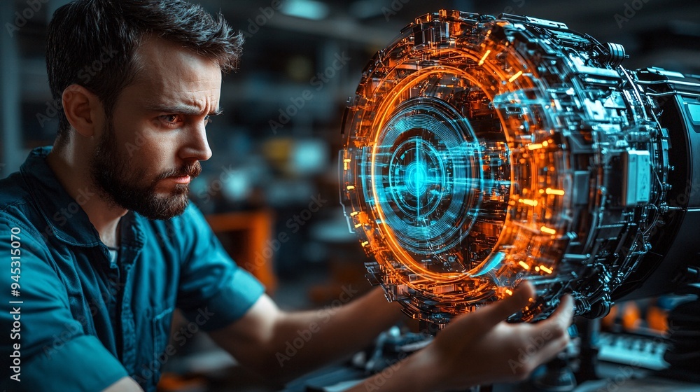 Mechanic using a 3D hologram to troubleshoot issues in a car's engine ...