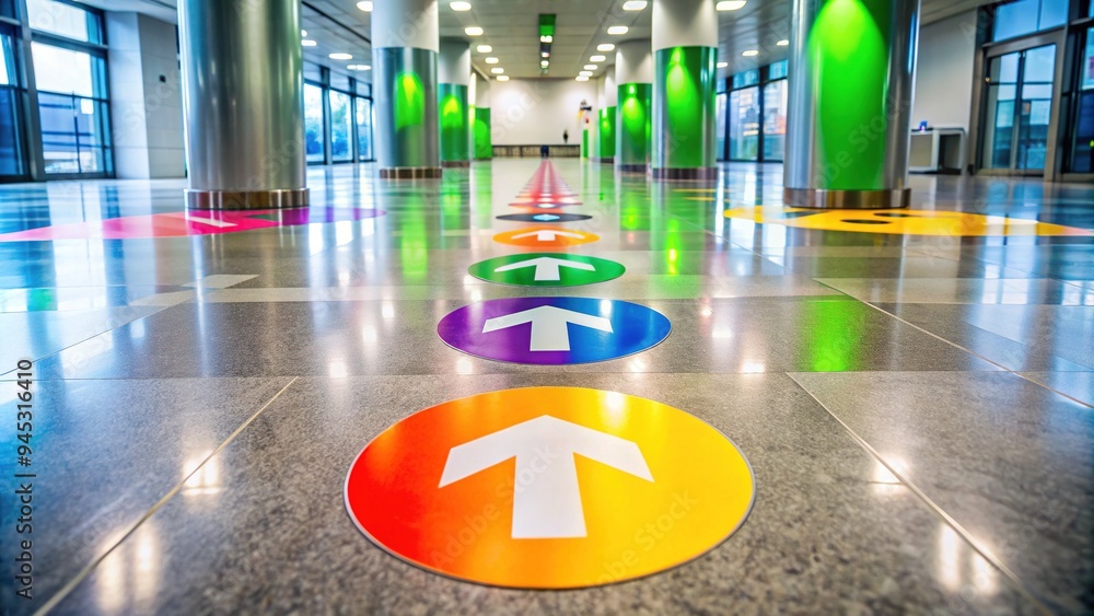 Floor stickers with bold arrows and bright colors indicate designated ...