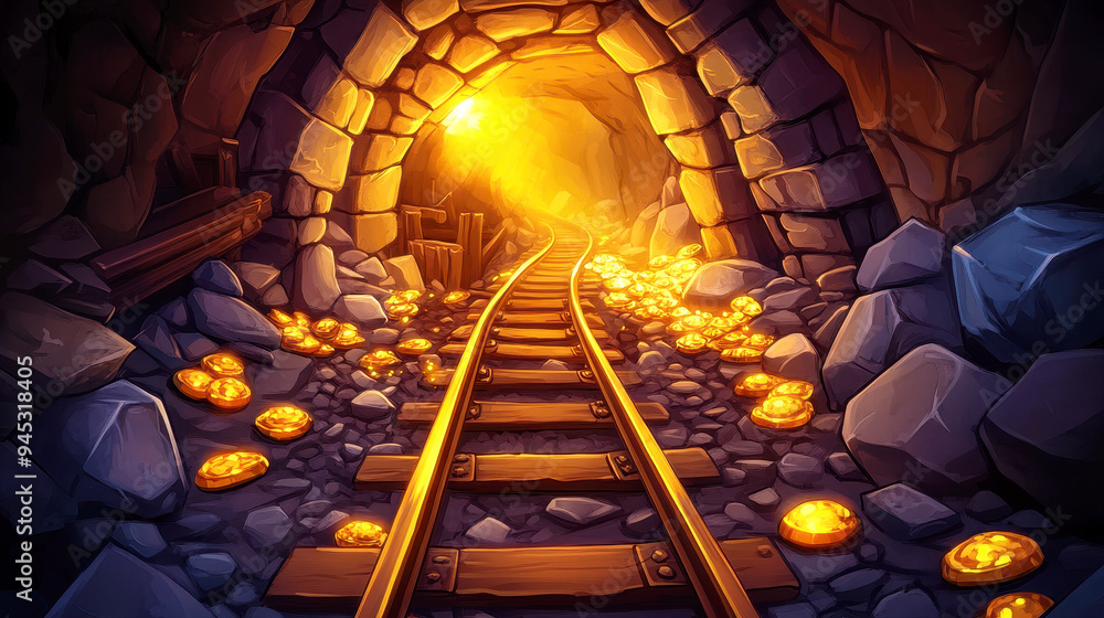 Cartoon illustration of a gold mine tunnel entrance with golden rocks ...
