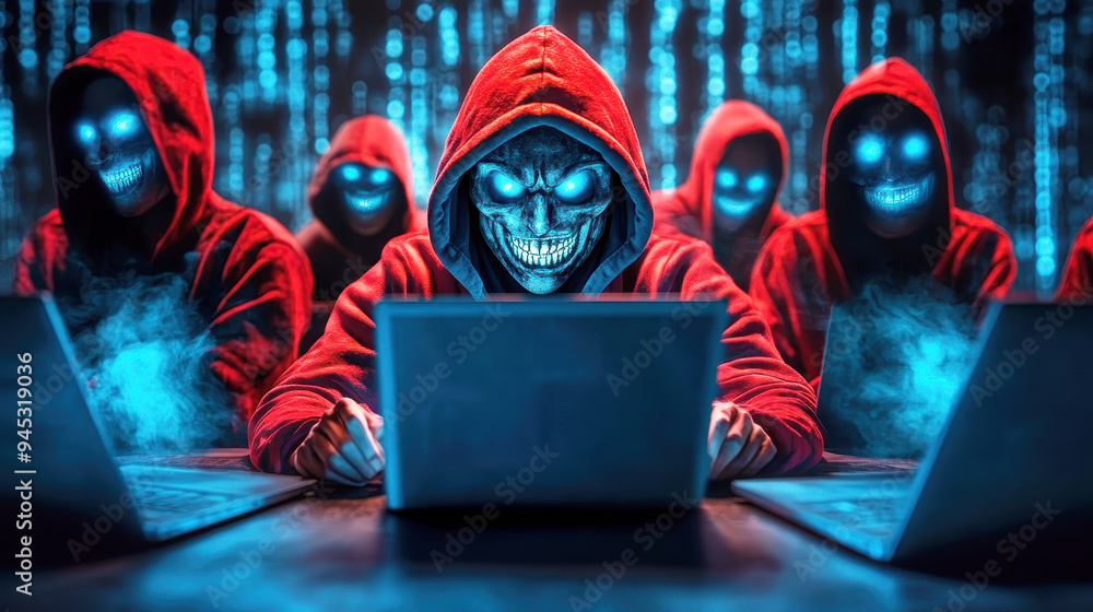 Dark web hacker group cybercriminals with glowing eyes in red hoodies ...