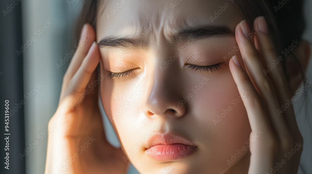 young Asian woman suffering from a headache is holding her hands on ...