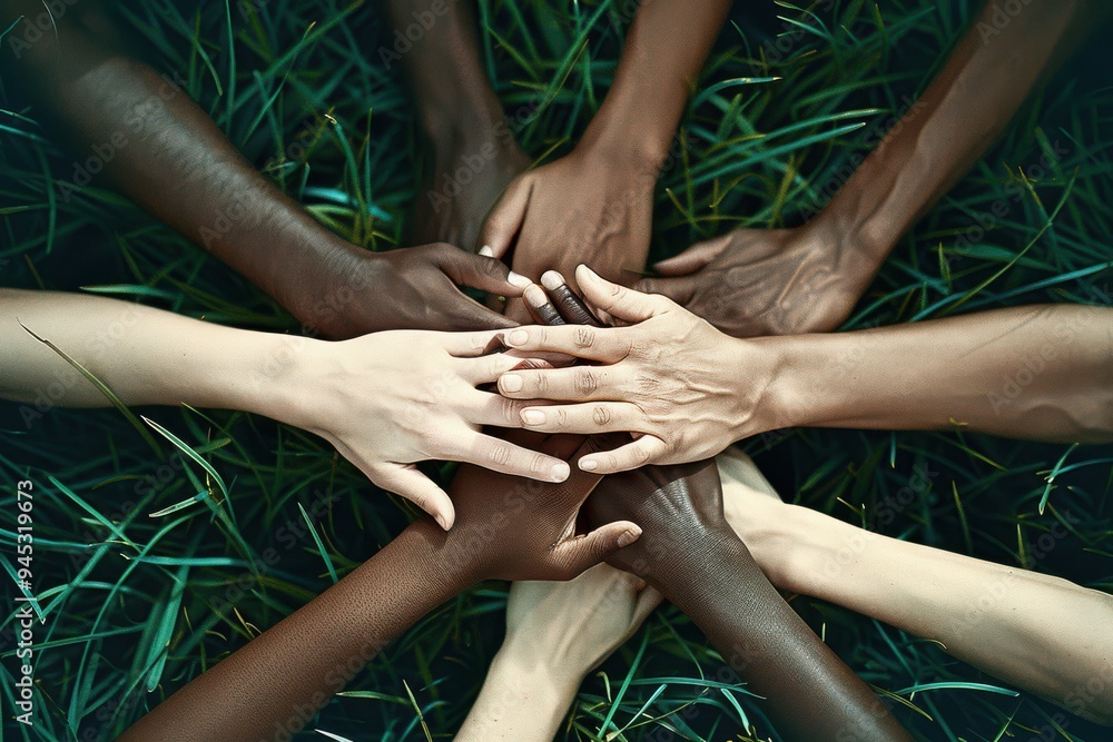 All for one! Hands stacked in unity and support A pile of multiracial ...