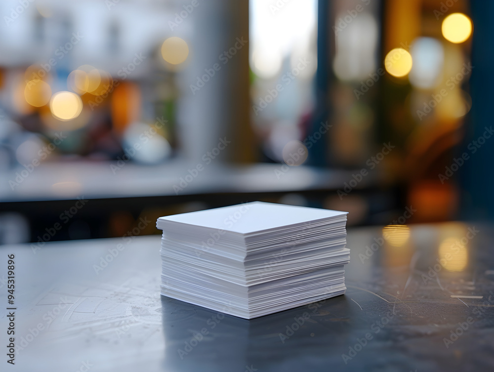 Pile of business cards stacked neatly on a surface, with blurred ...