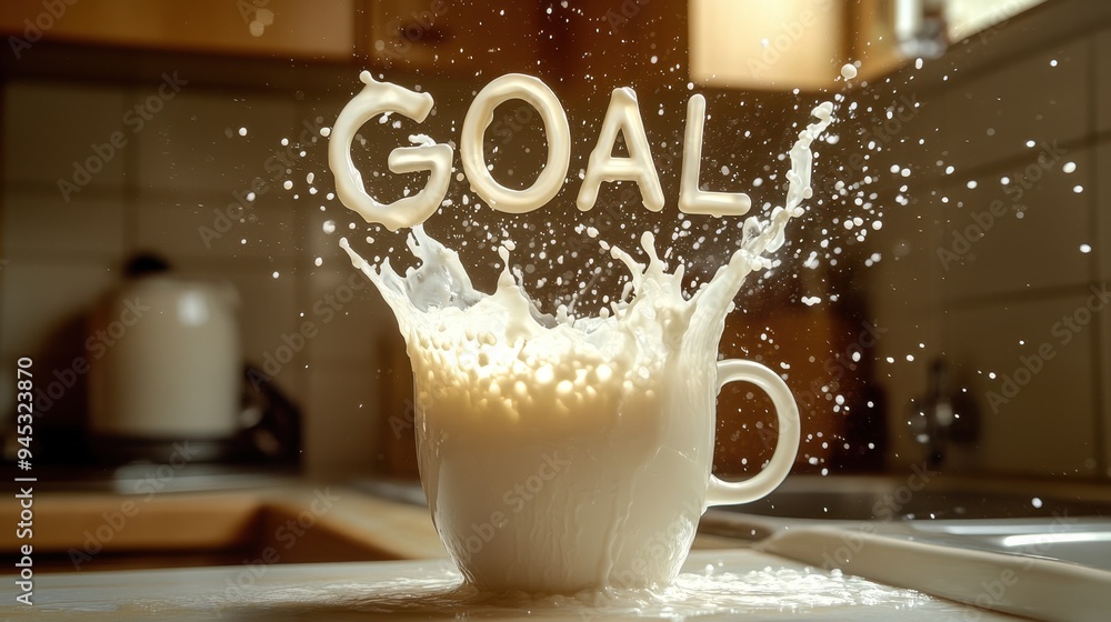 Dramatic splash of milk in a cup forms the word "Goal" in mid-air ...