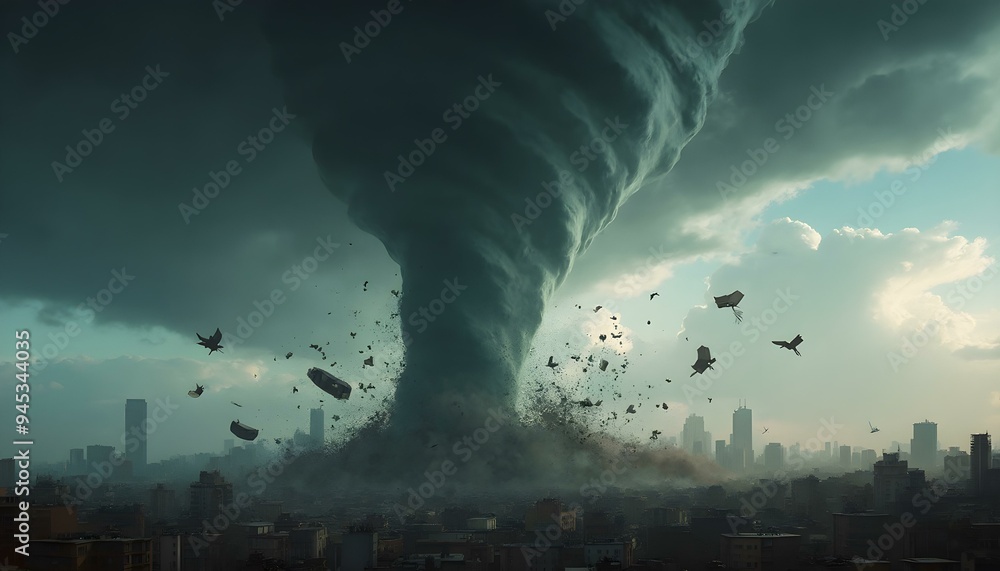 A tornado in action, featuring a swirling column of air lifting debris ...