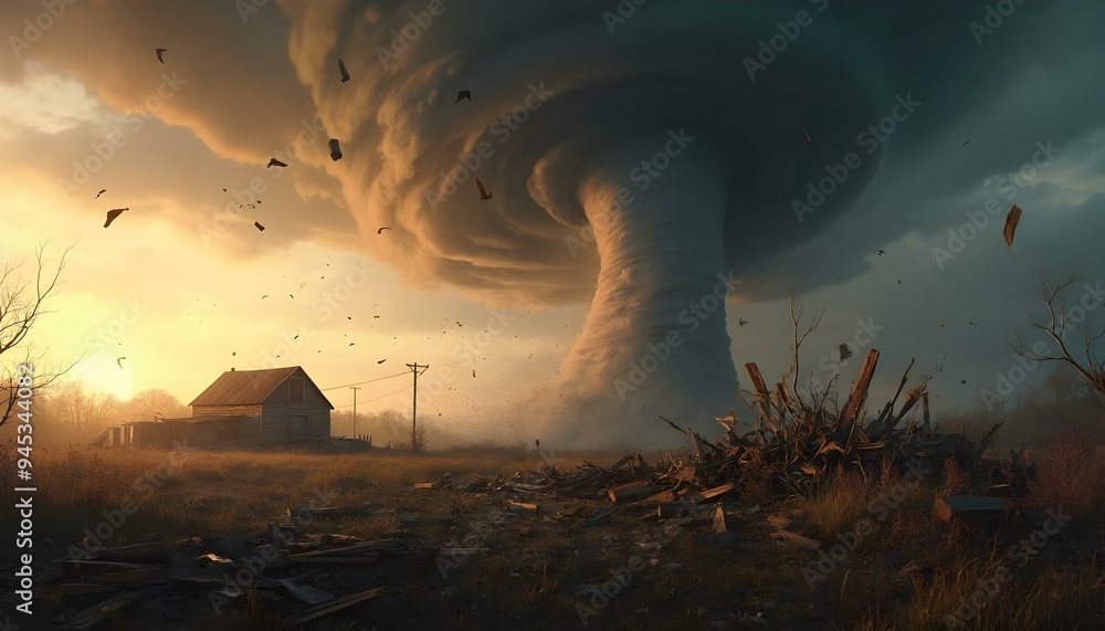 A tornado in action, featuring a swirling column of air lifting debris ...