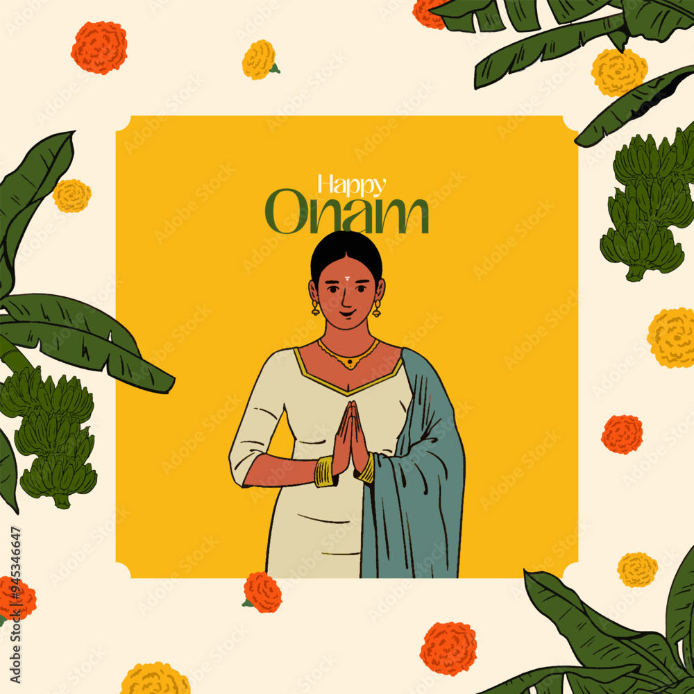 Happy Onam calligraphy with South Indian woman celebrating Onam ...