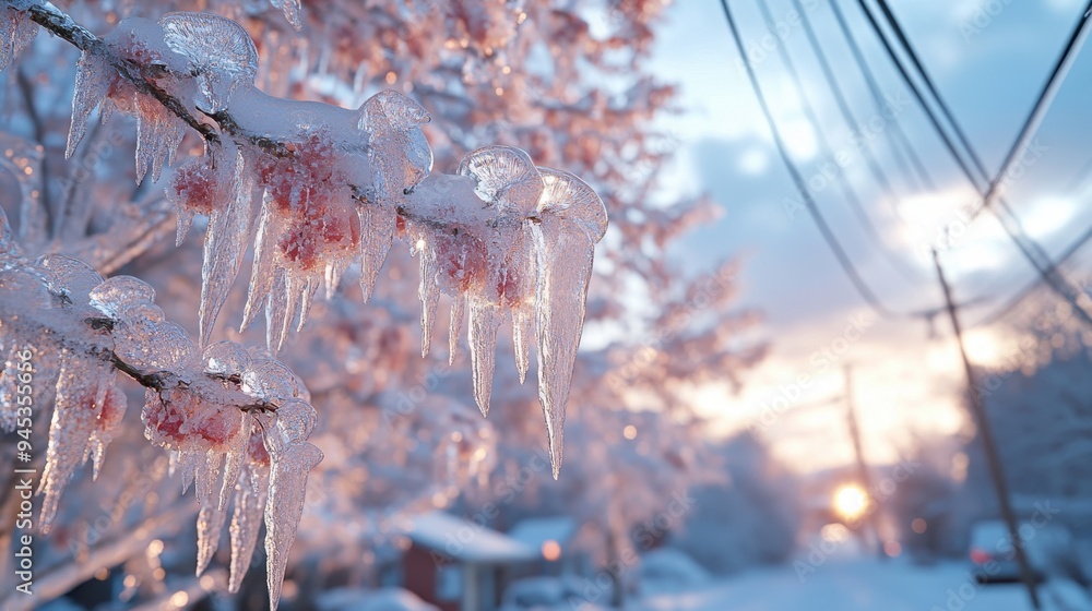 Ice storm covering trees and power lines with a layer of ice, freezing ...