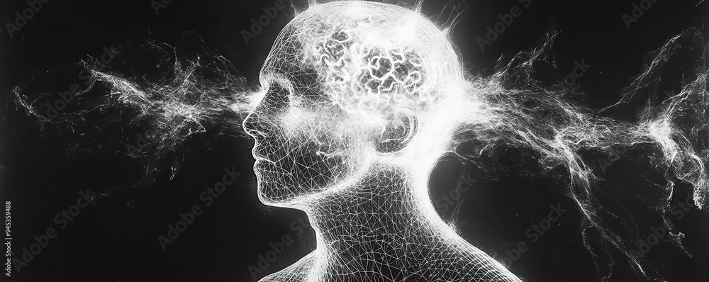 Black and white image of a human surrounded by a gridpattern ...