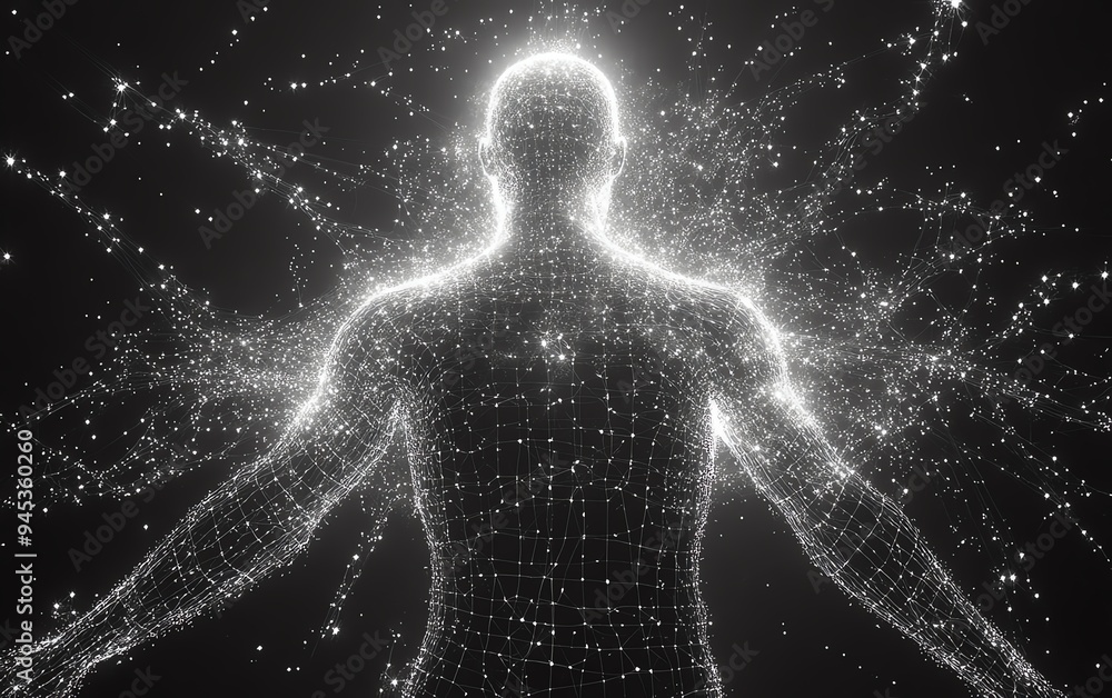 Black and white image of a human surrounded by a gridpattern ...