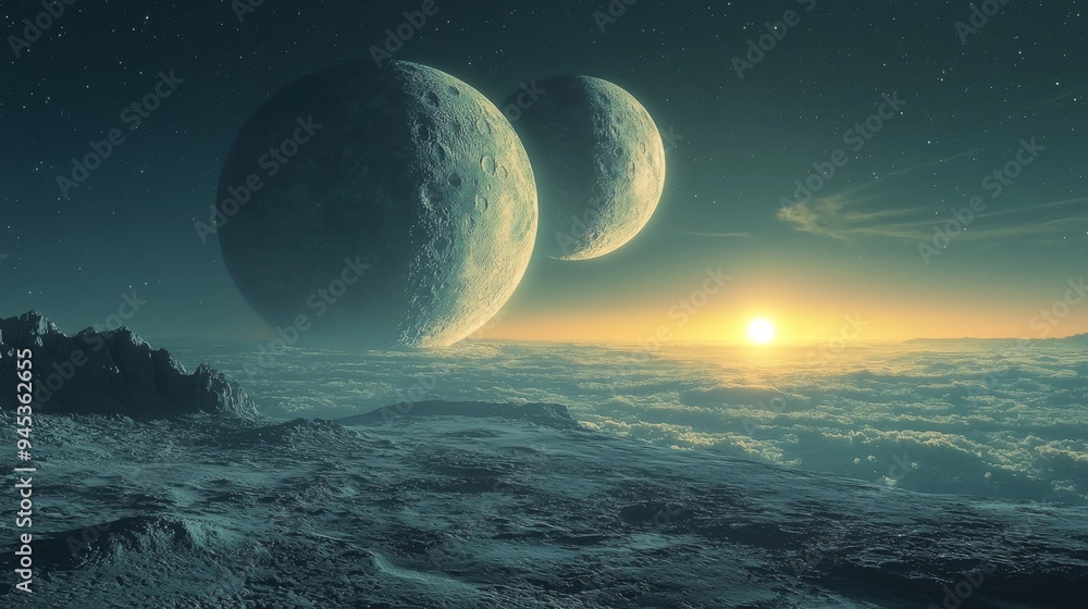 Twin Moons : Detailed view of a planet with two moons, both casting shadows on the planet's ...