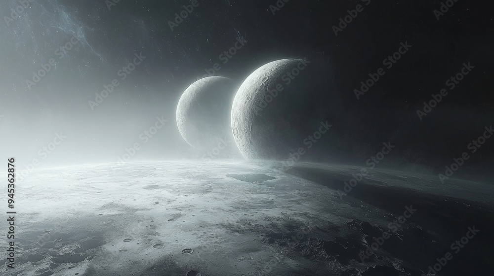 Twin Moons : Detailed view of a planet with two moons, both casting shadows on the planet's ...