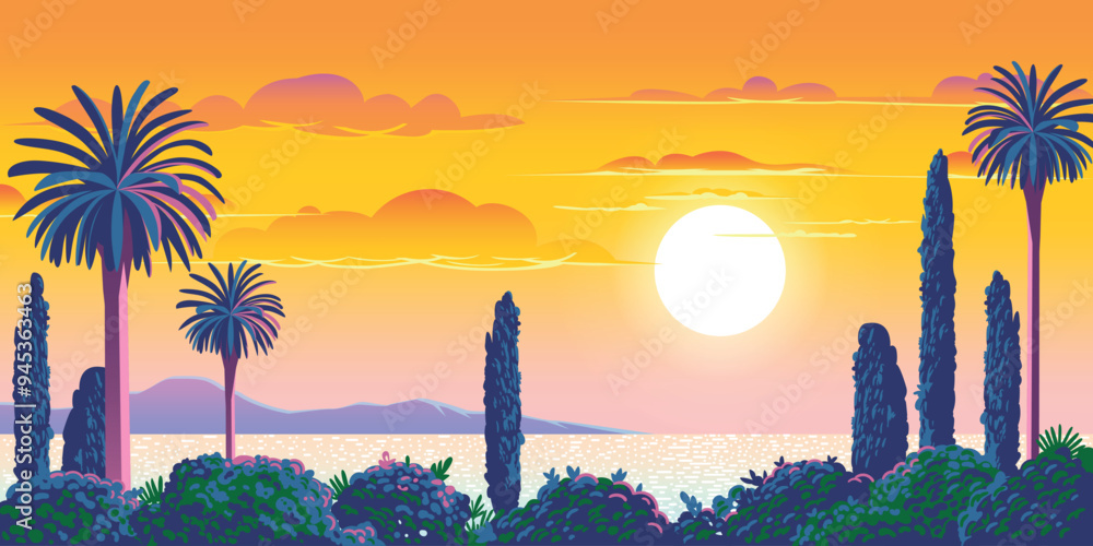 Mediterranean romantic landscape with traditional plants, palms and ...