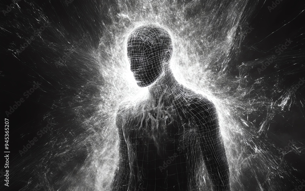 Black and white scene of a human surrounded by a gridpattern ...