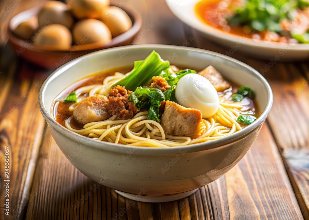 7. A close-up of a single strand of Ba Mee Haeng noodle, with a shallow ...