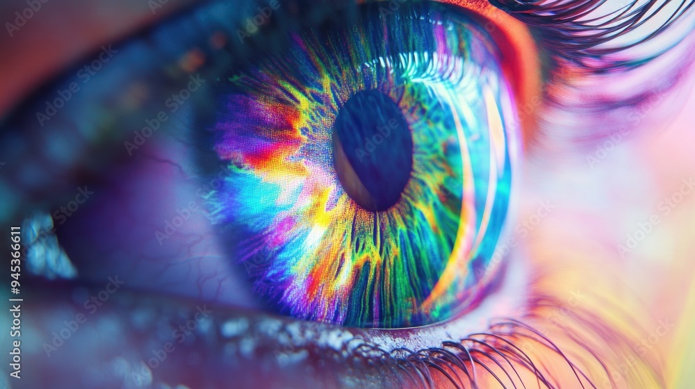 Animated concept of a human eye iris featuring multicolored patterns ...