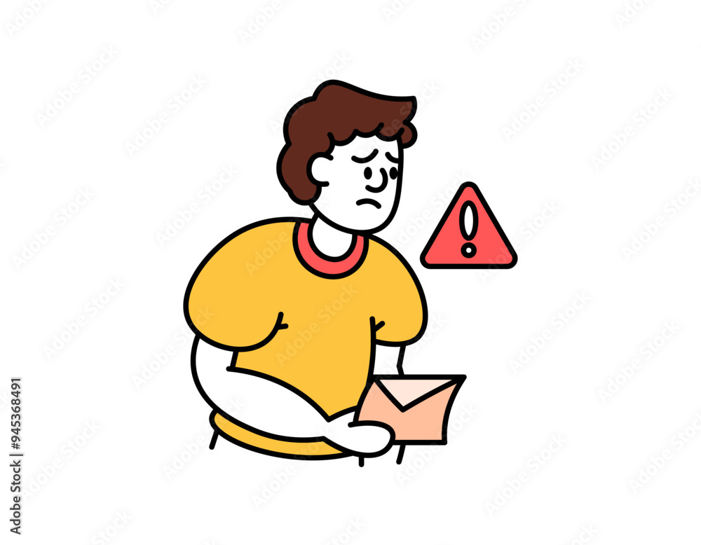 illustration of a sad man because he got a warning letter. holding a ...