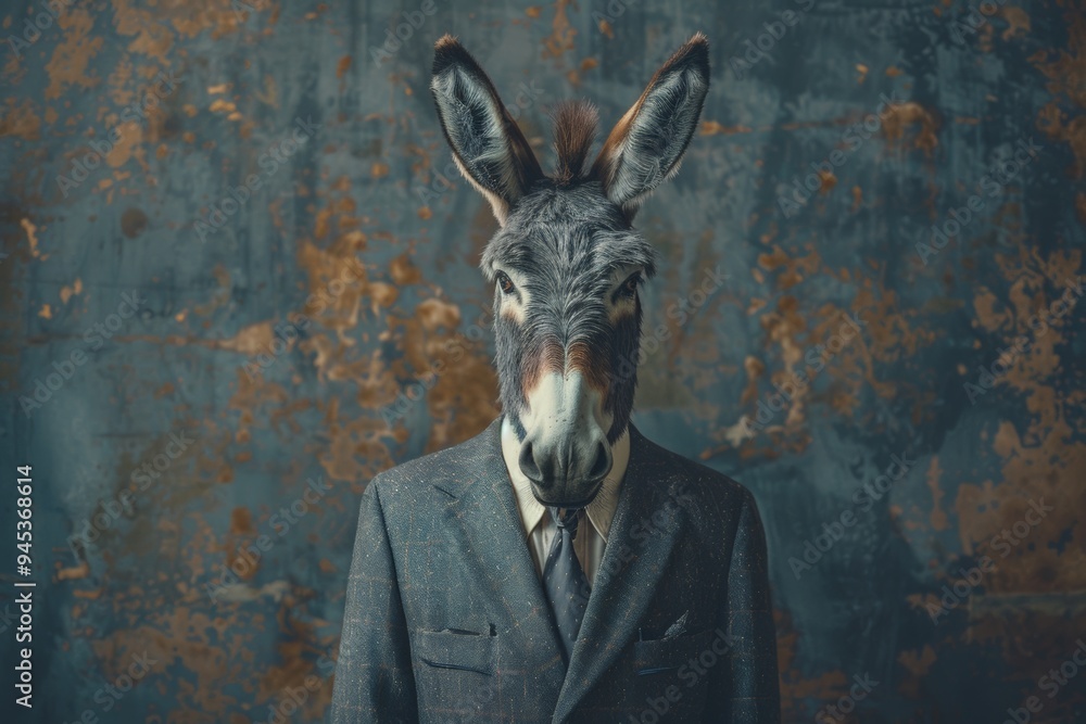 Surreal portrait of a donkey-headed man dressed in a suit, blending the ...