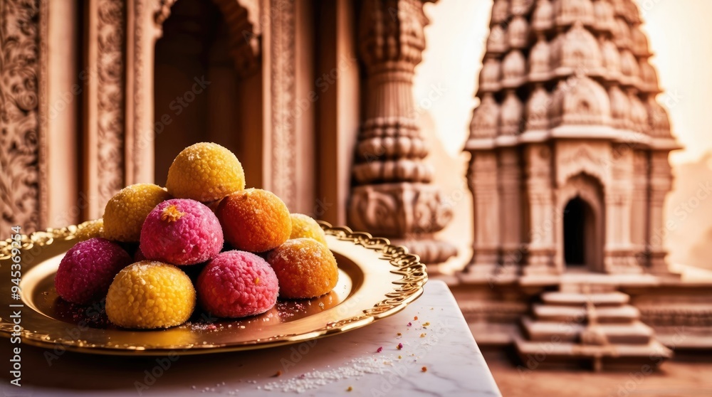 Vibrant Indian Sweets Peda or Motichoor Ladoo on Golden Plate in ...