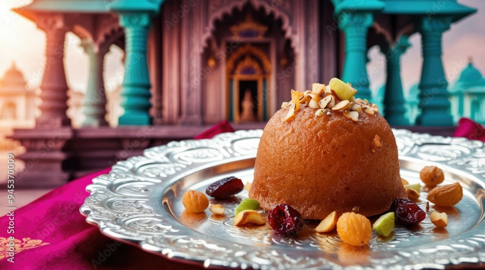 Traditional Indian sweet dish, halwa, sooji halwa or sheera on a silver ...