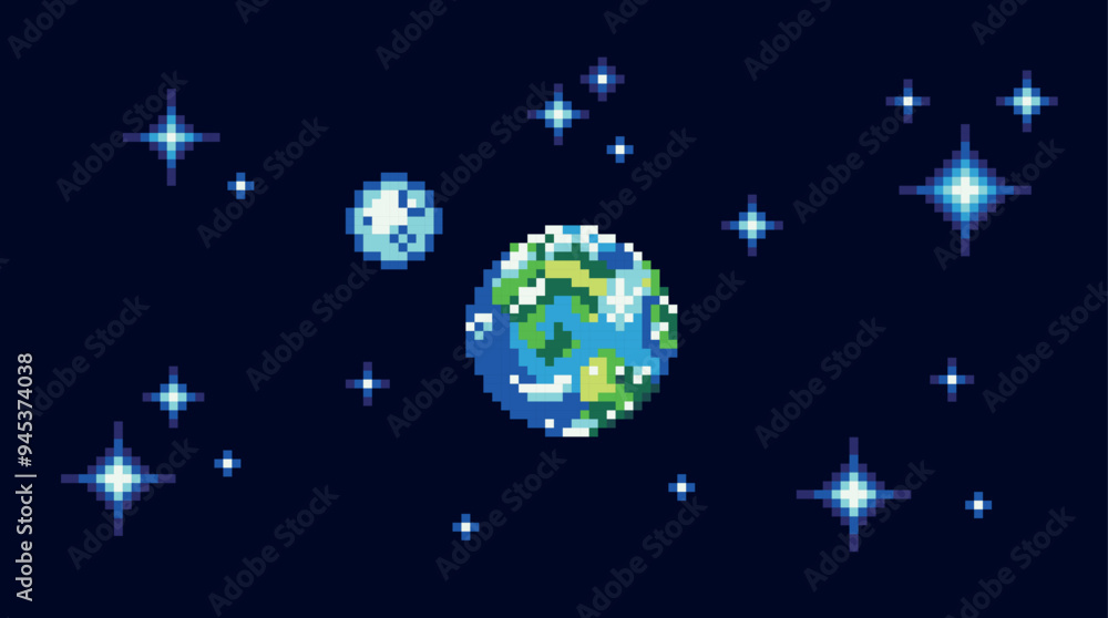 Earth and moon pixel art banner. Blue planet in space, stars around ...