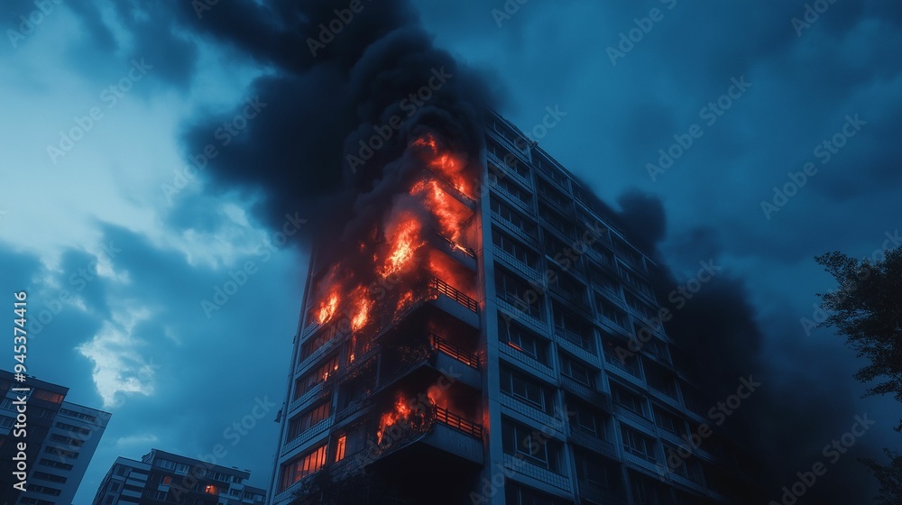 High-rise apartment building engulfed in fire with thick smoke. Stock ...