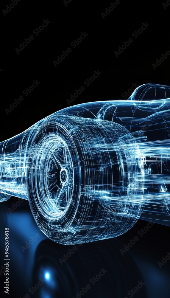 3d rendered x ray visualization of a blue transparent car in detailed ...