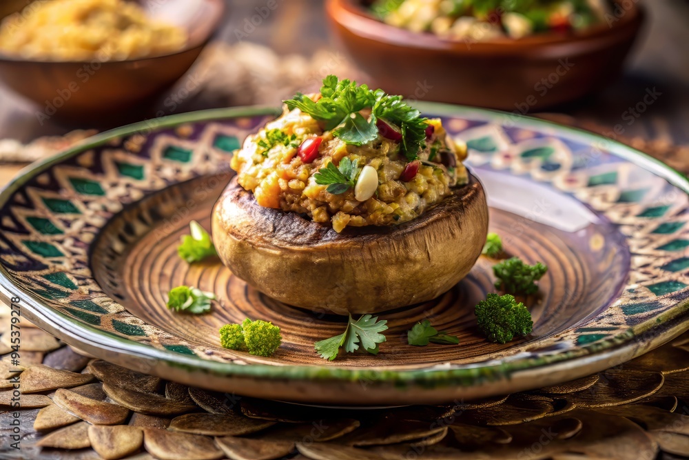 10. A single stuffed mushroom on a decorative charger plate, garnished ...