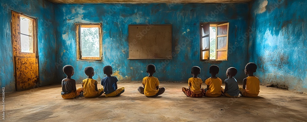 Children sitting in a rustic classroom with vibrant blue walls ...