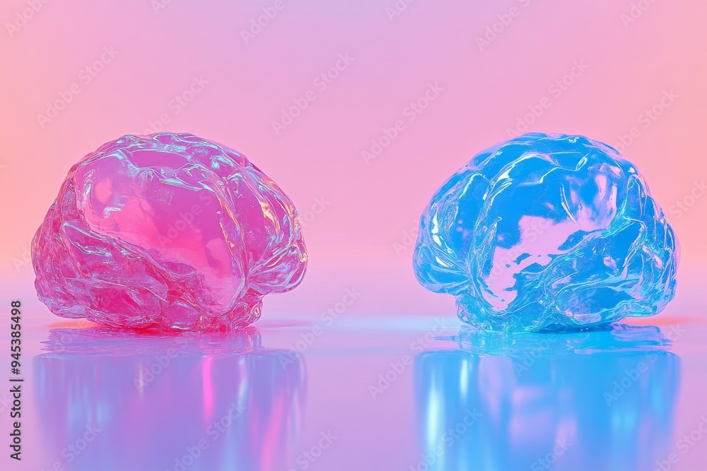 Two human brains in contrasting pink and blue hues symbolize the ...