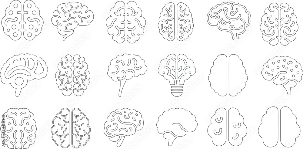 Brain icon line art vector set, human brain drawing vector illustration ...