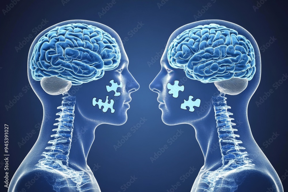 Two skeletal human heads with glowing brain networks symbolize the ...