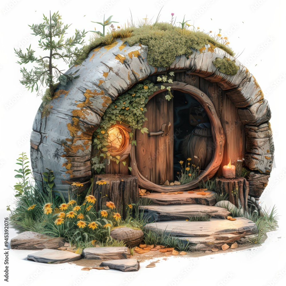 A charming hobbit house made of stone with a round door that is ...