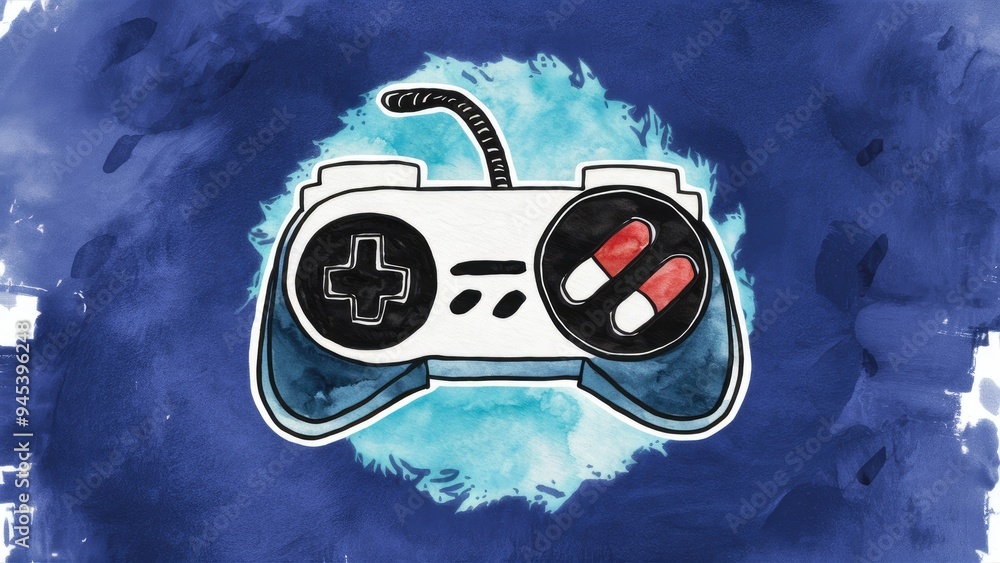 Retro gaming controller with black joystick and buttons, hand-drawn ...