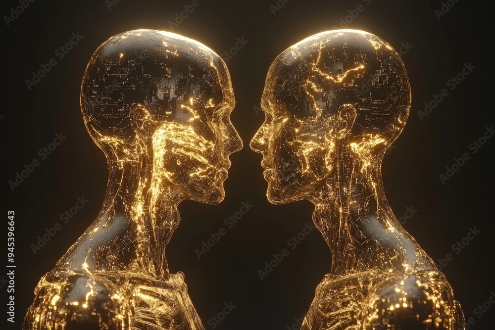Two golden humanoid figures facing each other in a dark setting symbolize the ethereal ...