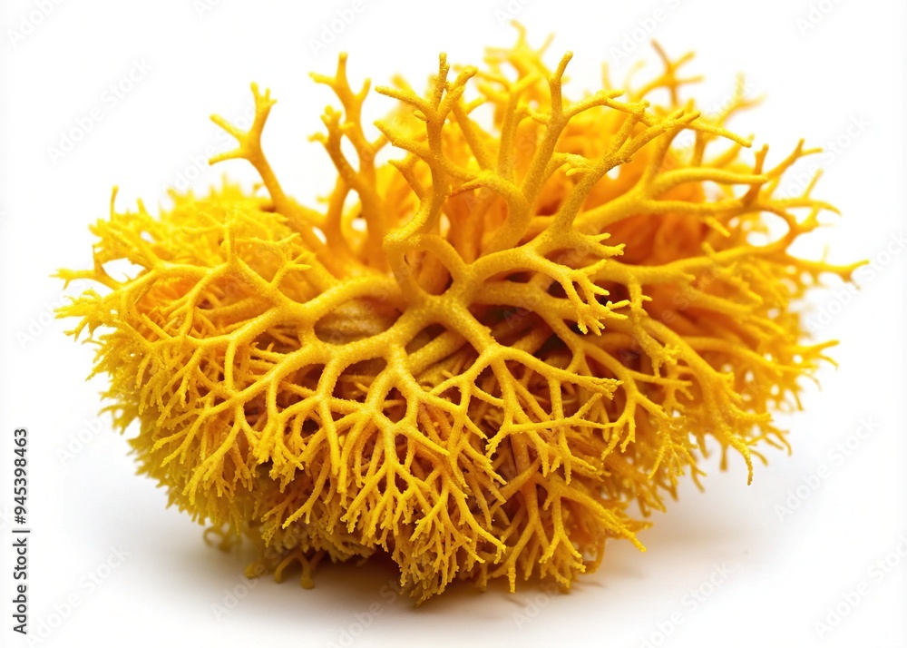 Macro of a single, vibrant yellow slime mold organism with intricate ...