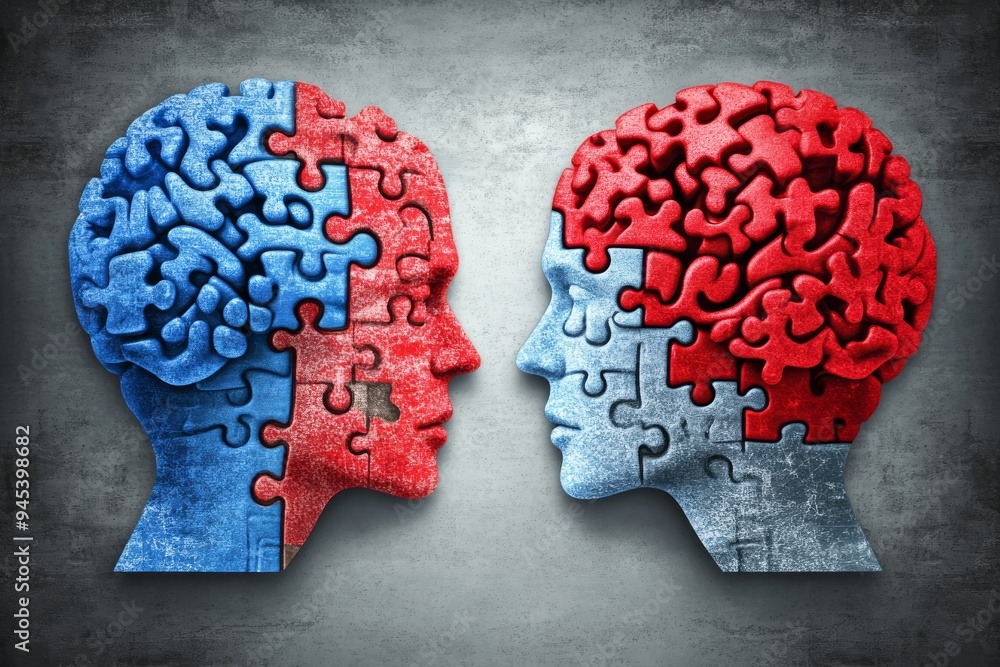 Two human profiles made of red and blue puzzle pieces symbolize the ideological conflict and the ...