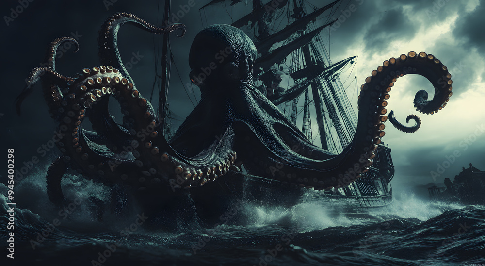 Cinematic Photograph of an Octopus Attacking and Destructively Wrapping ...