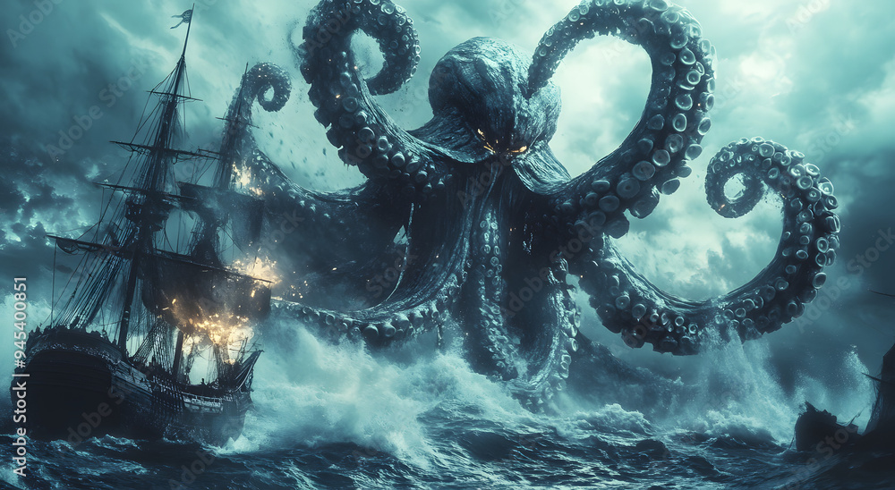 Cinematic Photograph of an Octopus Attacking and Destructively Wrapping ...